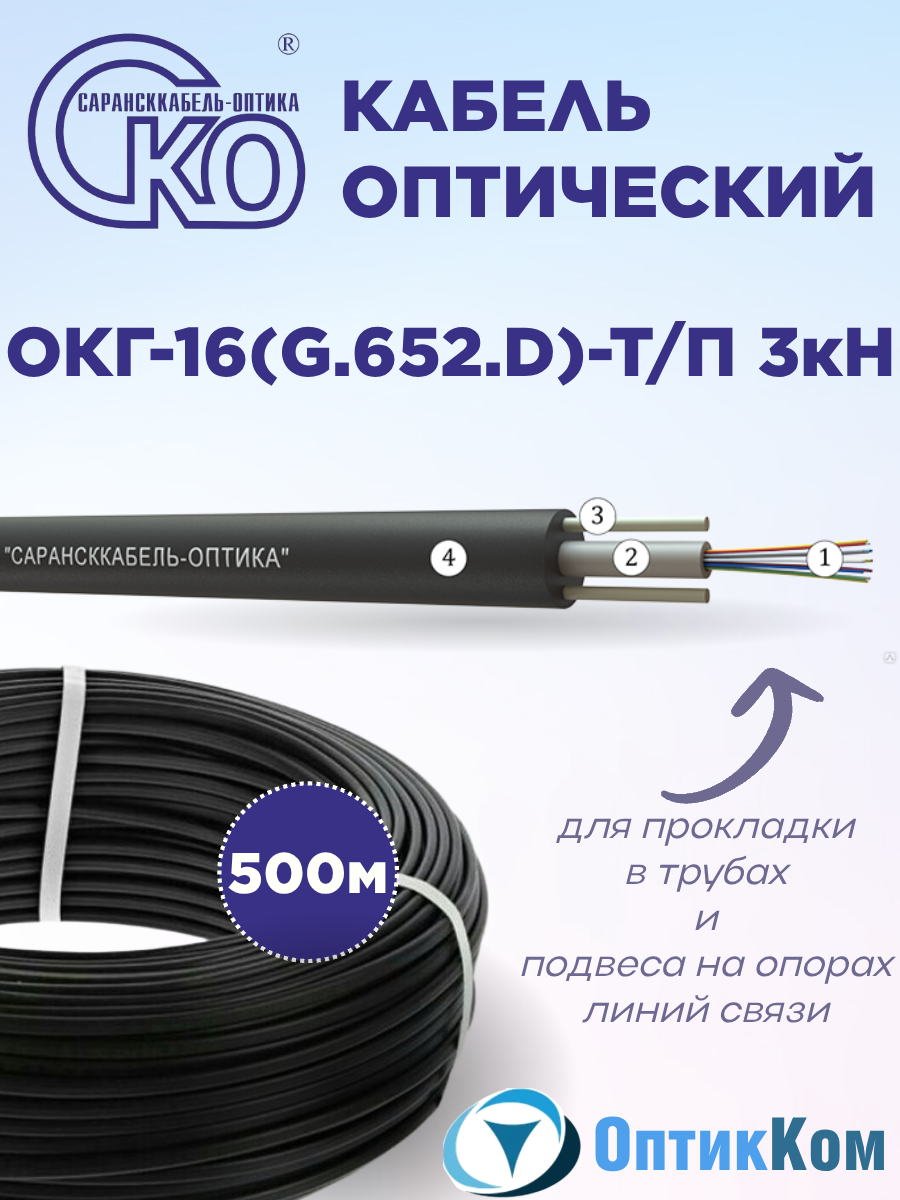 Кабель оптический Сарансккабель Оптика ОКГ-16(G.652. D)-Т/П 3,0 кН, 16 волокон, для подвеса, 500 м