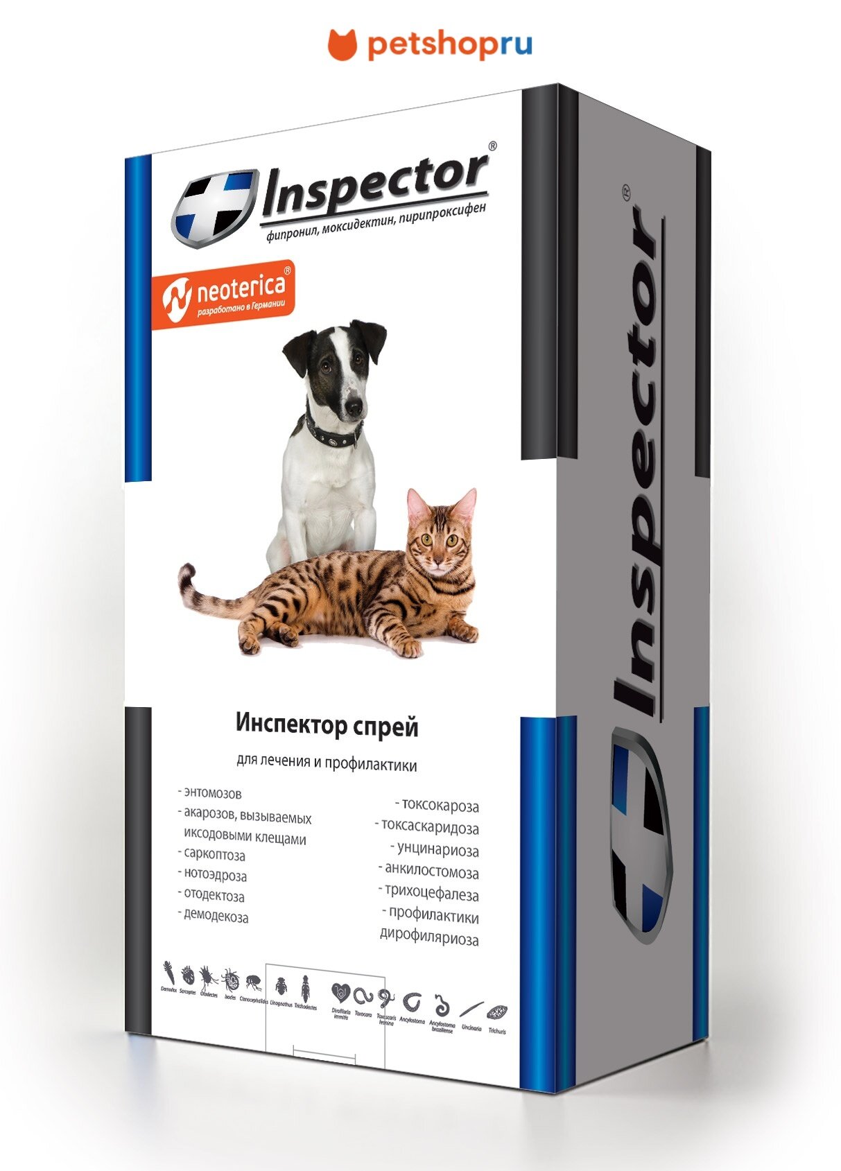 Inspector Спрей для кошек и собак, от клещей, насекомых, глистов, 100 мл