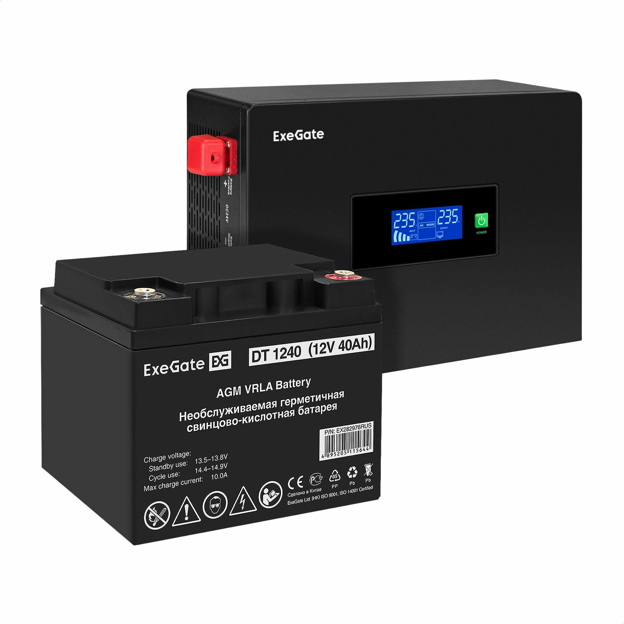 Комплект ИБП ExeGate IdealSine SR-600. LCD.2SH + Батарея 40Aч, 1 шт. (ИБП + АКБ , 1шт.) EX297384RUS