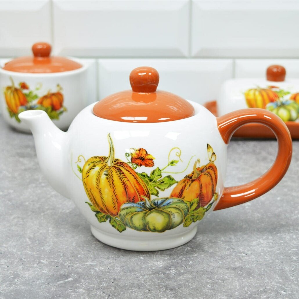 Чайник заварочный 0,95л "Тыквы" из фарфора, белый с оранжевой крышкой