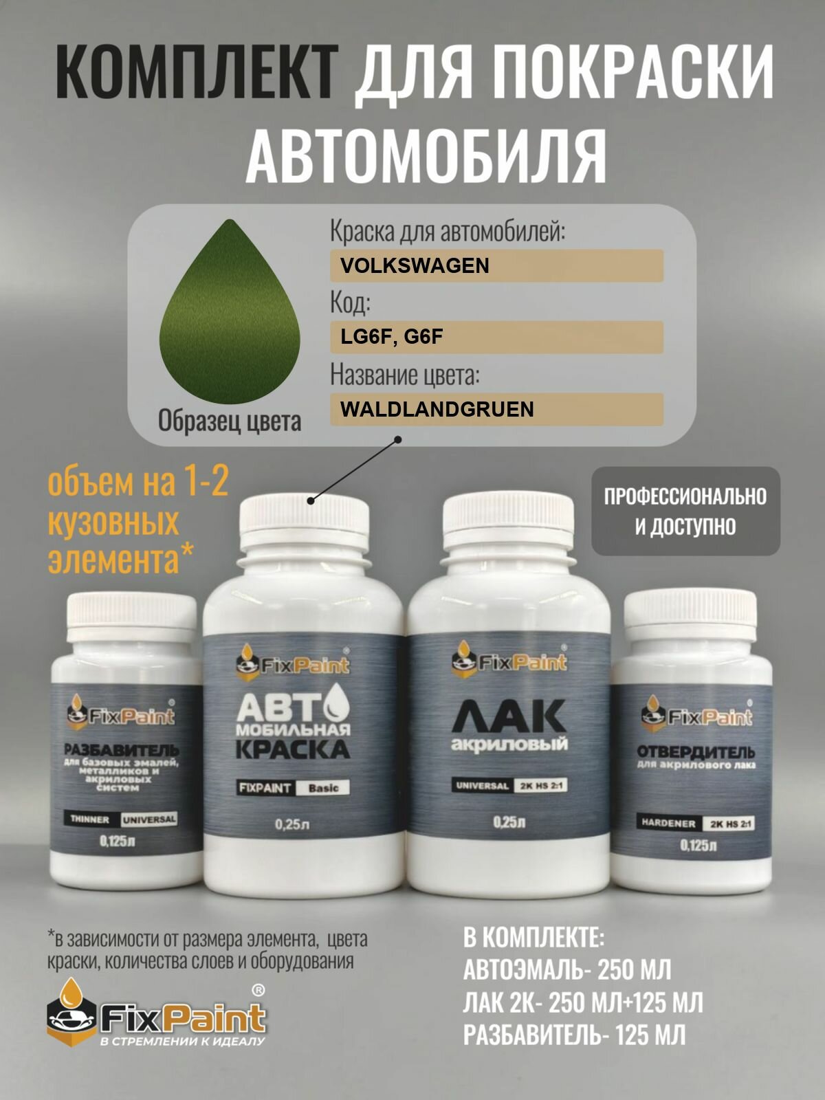 Комплект для покраски VOLKSWAGEN, код LG6F, G6F, WALDLANDGRUEN, базовая автомобильная эмаль 250 мл, лак 2K 250 мл с отвердителем, разбавитель 125 мл, FixPaint Pro