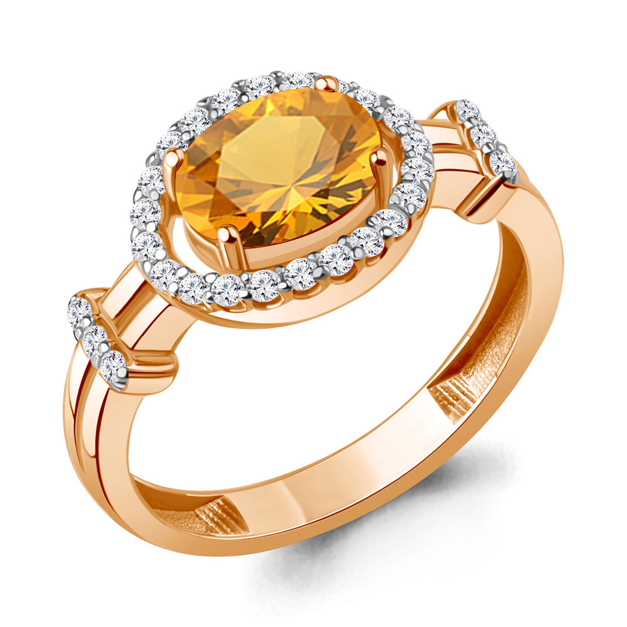 Кольцо, серебро, 925 проба, золочение, цитрин, фианит