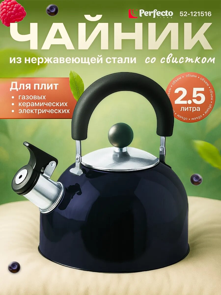 Чайник со свистком LINEA серия Holiday, нержавеющая сталь, цвет синий металл 2.5 л PERFECTOик (52-121516)