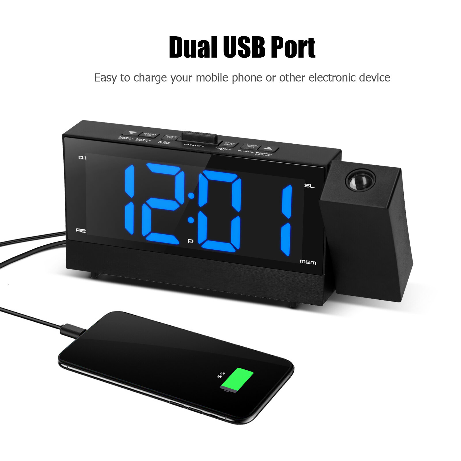 Цифровой проекционный будильник с большим экраном 6,4 дюйма, вращающиеся на 180 градусов 3-в-1 часы-проектор с двойным будильником и функцией повтора сигнала, FM-радио, зарядное устройство для телефона, светодиодный дисп