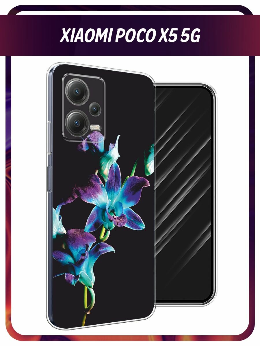 Чехол на Xiaomi Poco X5 5G / Сяоми Поко X5 5G с принтом "Синий цветок на черном"