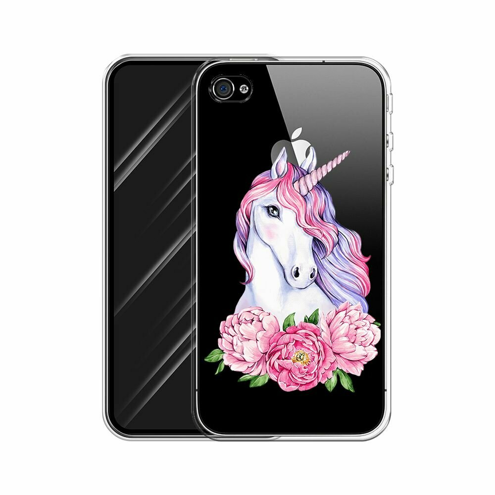 Чехол на Apple iPhone 4/4S / Айфон 4/4S с принтом "Единорог с пионами", прозрачный — фото 1