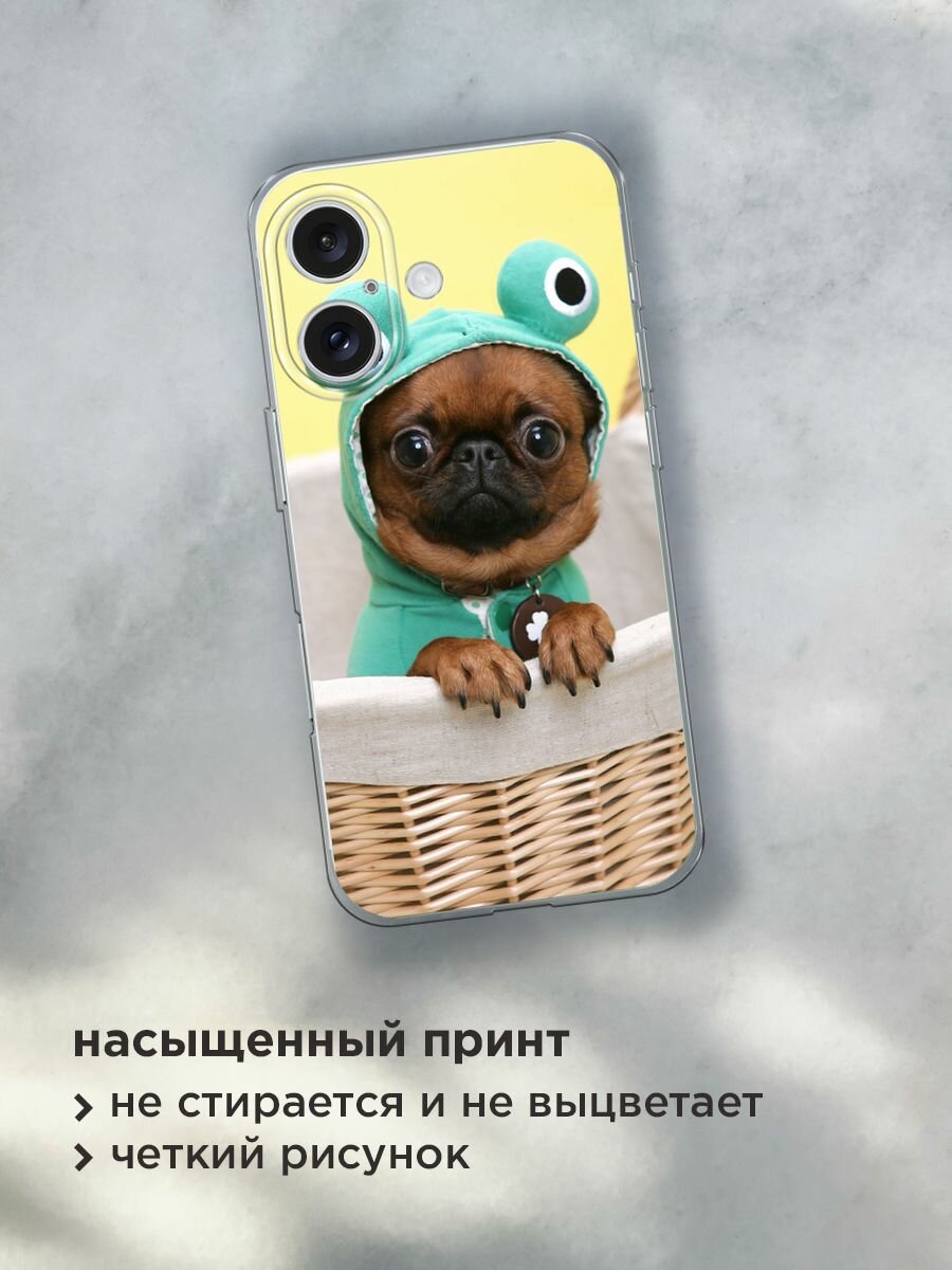 Чехол на Apple iPhone 16 / Айфон 16 с принтом "Собачка в шапке лягушки" — фото 1