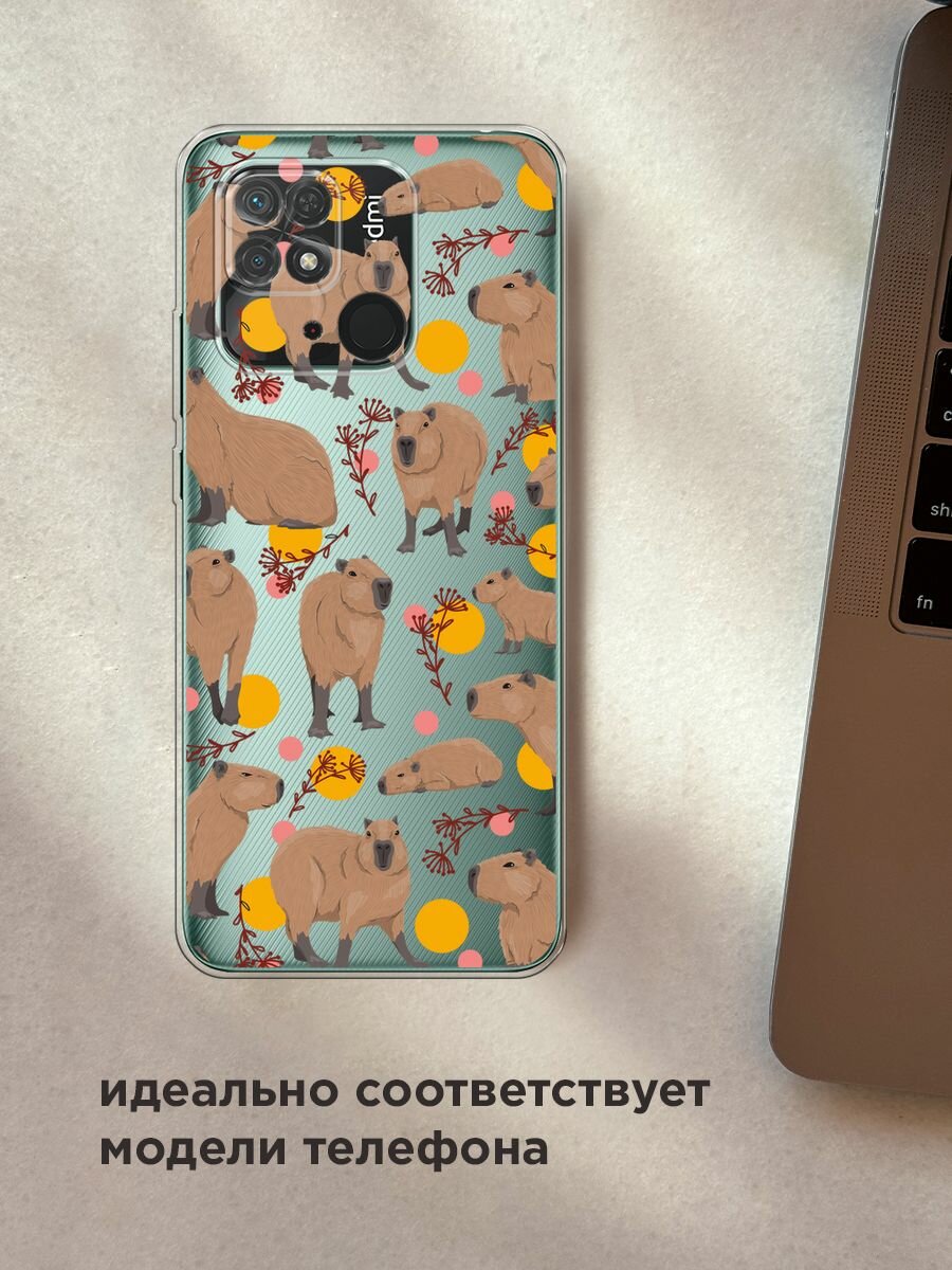 Чехол на Xiaomi Redmi 10C / Сяоми Редми 10C с принтом "Капибара паттерн", прозрачный — фото 1