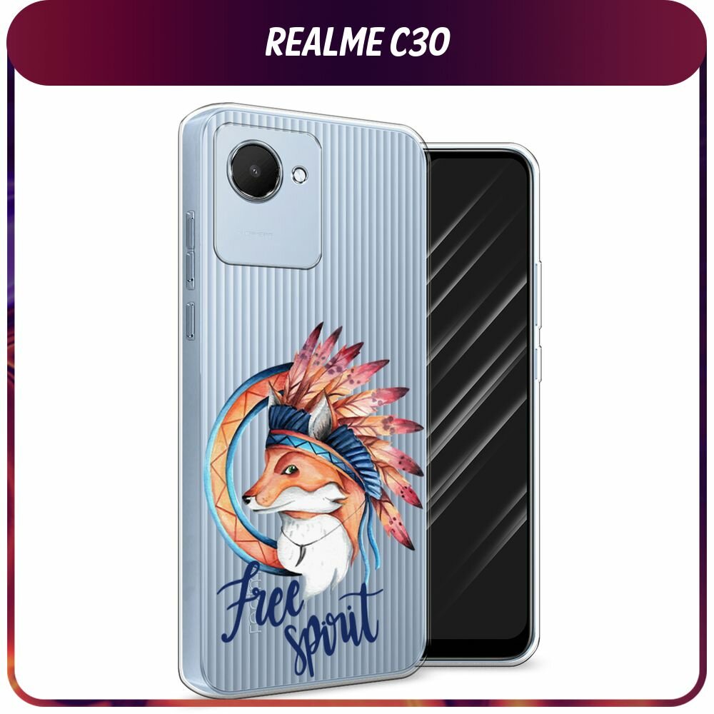 Чехол на Realme C30 / Реалми C30 с принтом Лиса-индеец, прозрачный