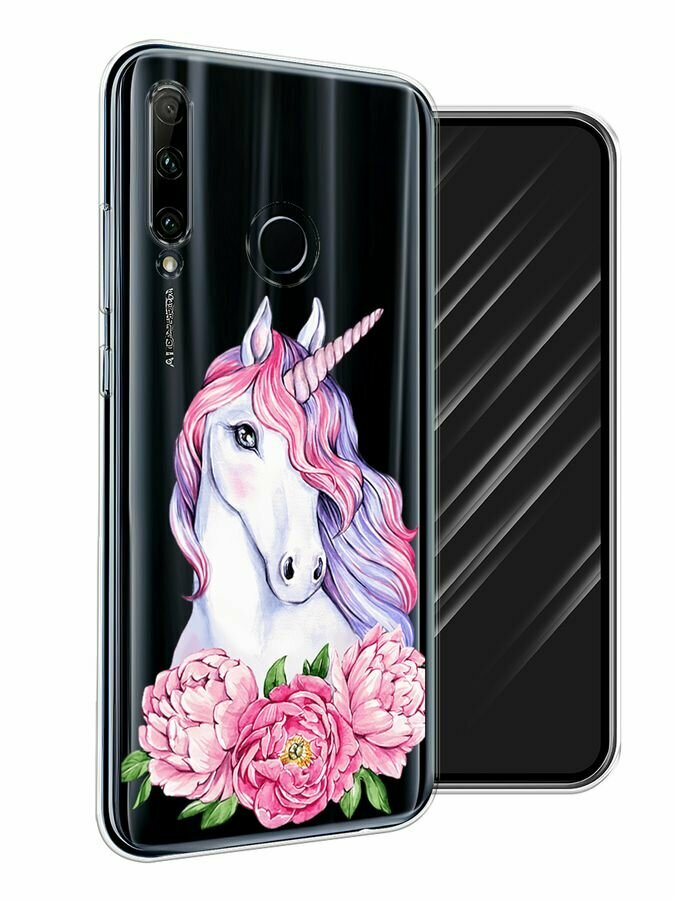 Чехол на Honor 10i/20 Lite 2019/20e/Huawei P Smart Plus 2019 / Хонор 10i с принтом "Единорог с пионами", прозрачный