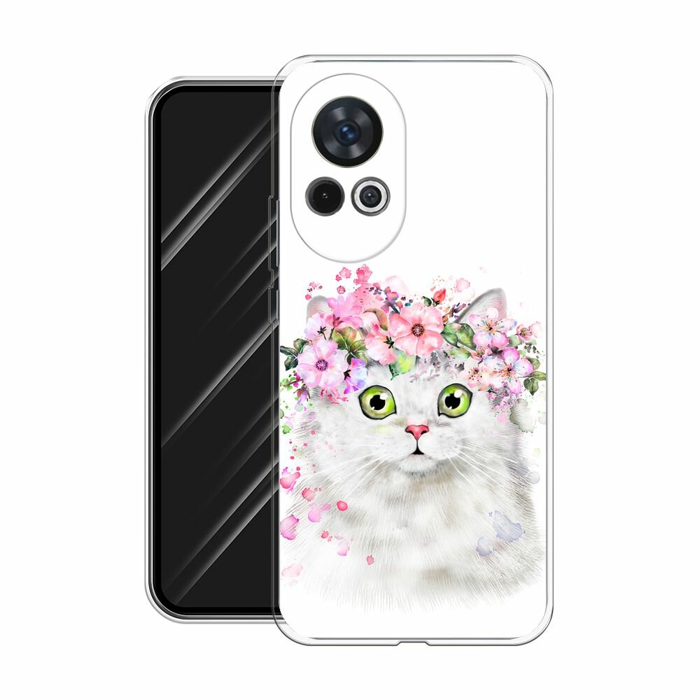 Чехол на Huawei Nova 12/Nova13 / Хуавей Нова 12/Нова 13 с принтом Белая кошка с цветами — фото 1