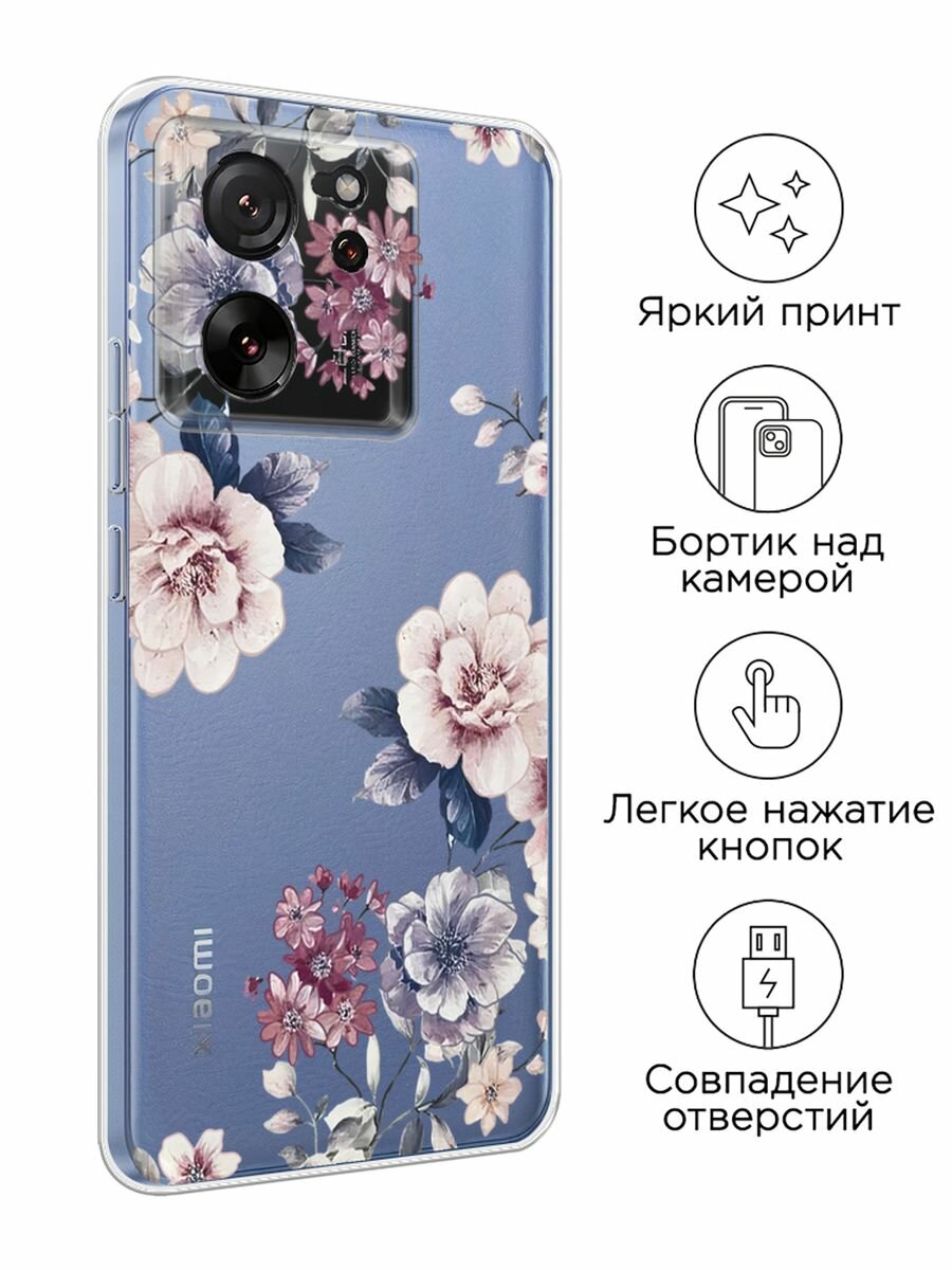 Чехол на Xiaomi 13T / Сяоми 13T с принтом "Нежные винтажные цветы", прозрачный — фото 1