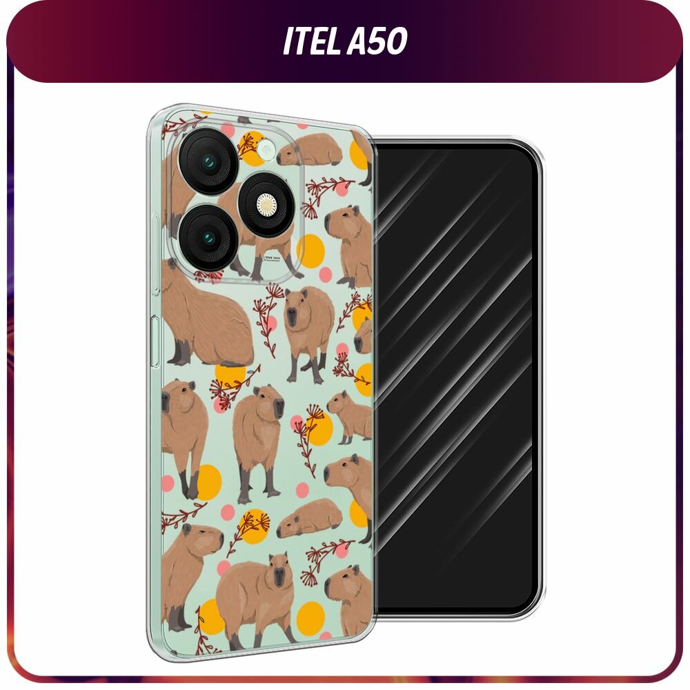 Чехол на Itel A50 / Ител А50 с принтом "Капибара паттерн", прозрачный