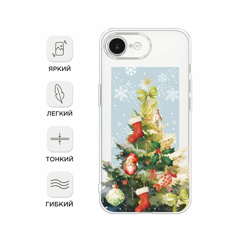 Чехол на Apple iPhone 16e/17e / Айфон 16е/17e с принтом Нарядная ель акварель, прозрачный — фото 1