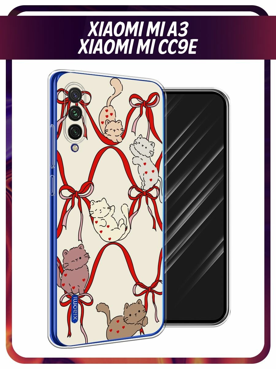 Чехол на Xiaomi Mi CC9E/Mi A3 / Сяоми Mi CC9E/Mi A3 с принтом "Котики в ленточках 1"