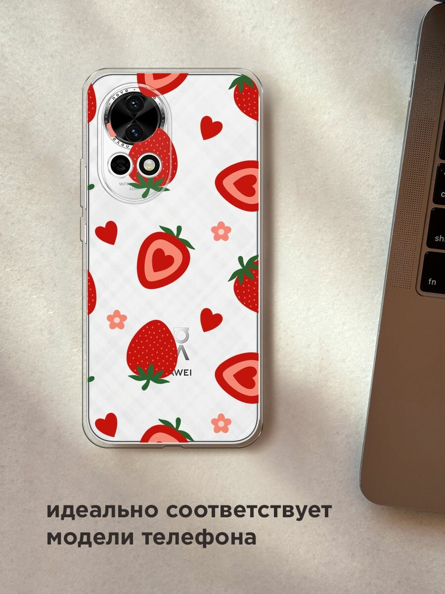 Чехол на Huawei Nova 12/Nova13 / Хуавей Нова 12/Нова 13 с принтом "Heart strawberries 2 - 14 февраля", прозрачный — фото 1