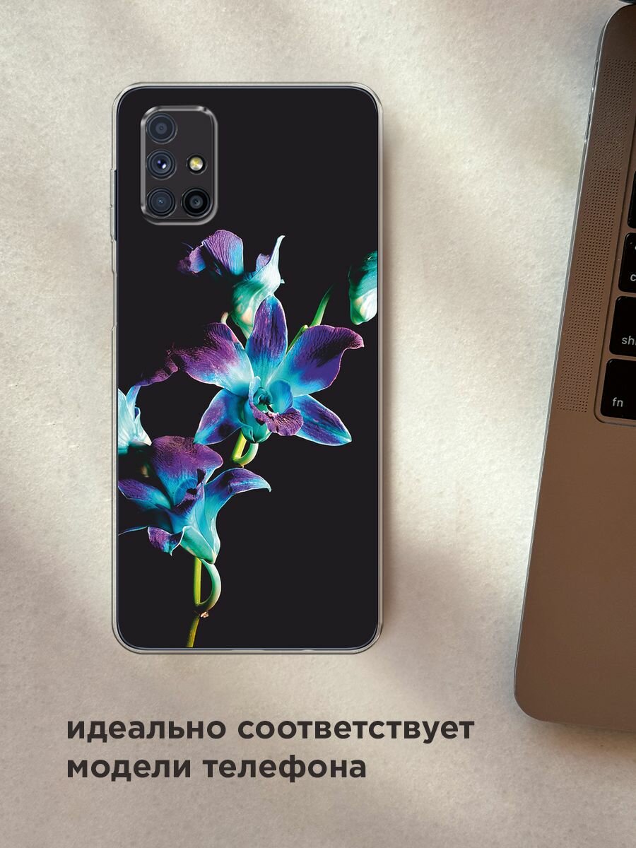Чехол на Samsung Galaxy M51 / Самсунг Галакси М51 с принтом "Синий цветок на черном" — фото 1