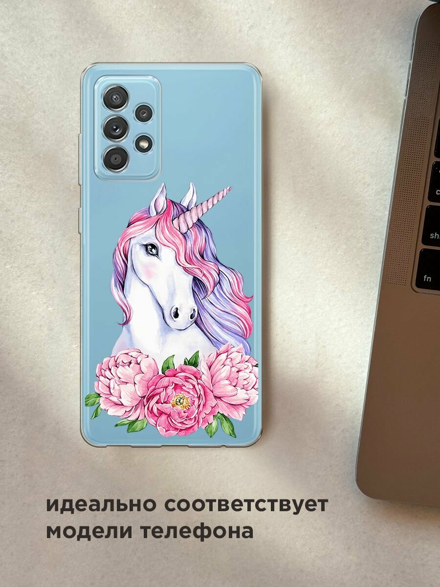 Чехол на Samsung Galaxy A52/A52s / Самсунг Галакси А52/A52s с принтом "Единорог с пионами", прозрачный — фото 1
