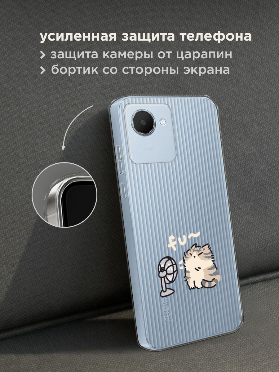 Чехол на Realme C30 / Реалми C30 с принтом "Котик с вентилятором", прозрачный — фото 1