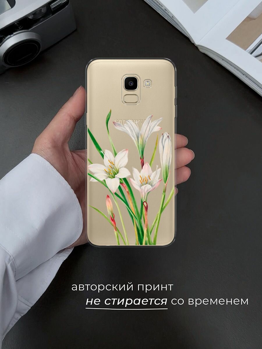 Чехол на Samsung Galaxy J6 2018 / Самсунг Галакси Джей 6 2018 с принтом "White lily", прозрачный — фото 1