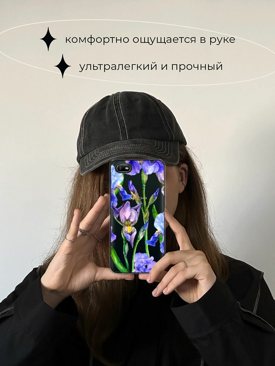 Чехол на Oppo A1k / Оппо А1к с принтом "Синие ирисы", прозрачный — фото 1