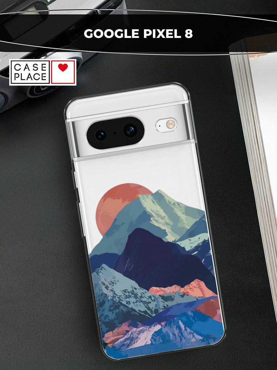 Чехол на Google Pixel 8 / Гугл Пиксель 8 с принтом "Закат в снежных горах", прозрачный
