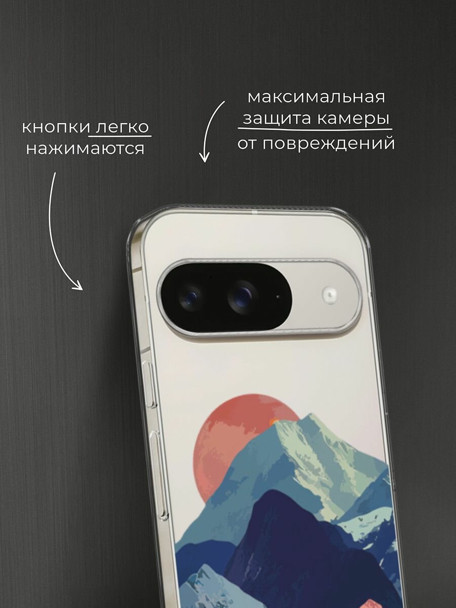 Чехол на Google Pixel 9 / Гугл Пиксель 9 с принтом "Закат в снежных горах", прозрачный — фото 1