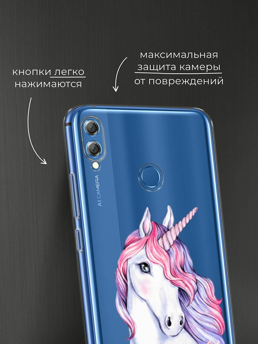 Чехол на Honor 8X / Хонор 8Х с принтом "Единорог с пионами", прозрачный — фото 1