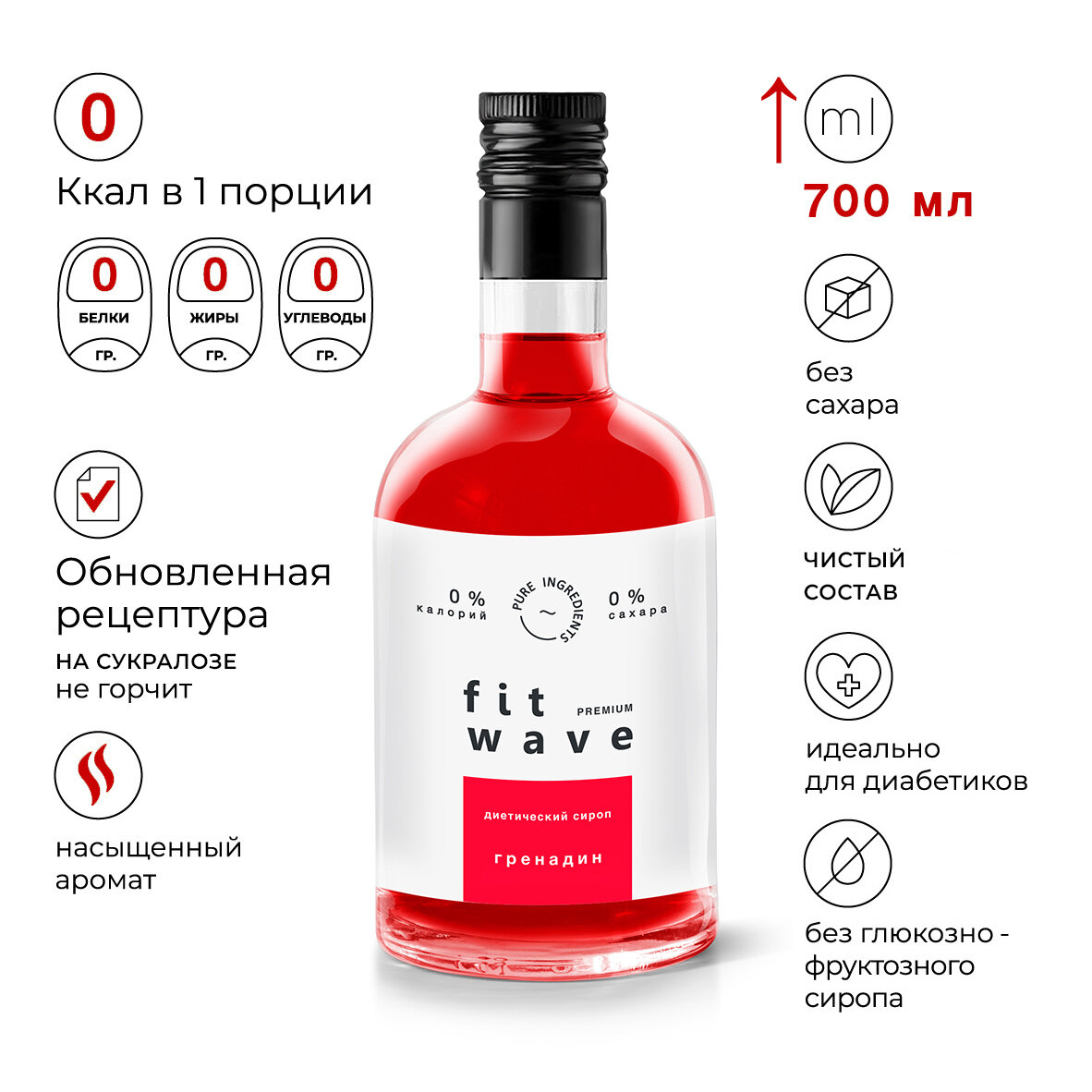 Сироп диетический без сахара низкокалорийный FitWave Гренадин 700 мл. для кофе