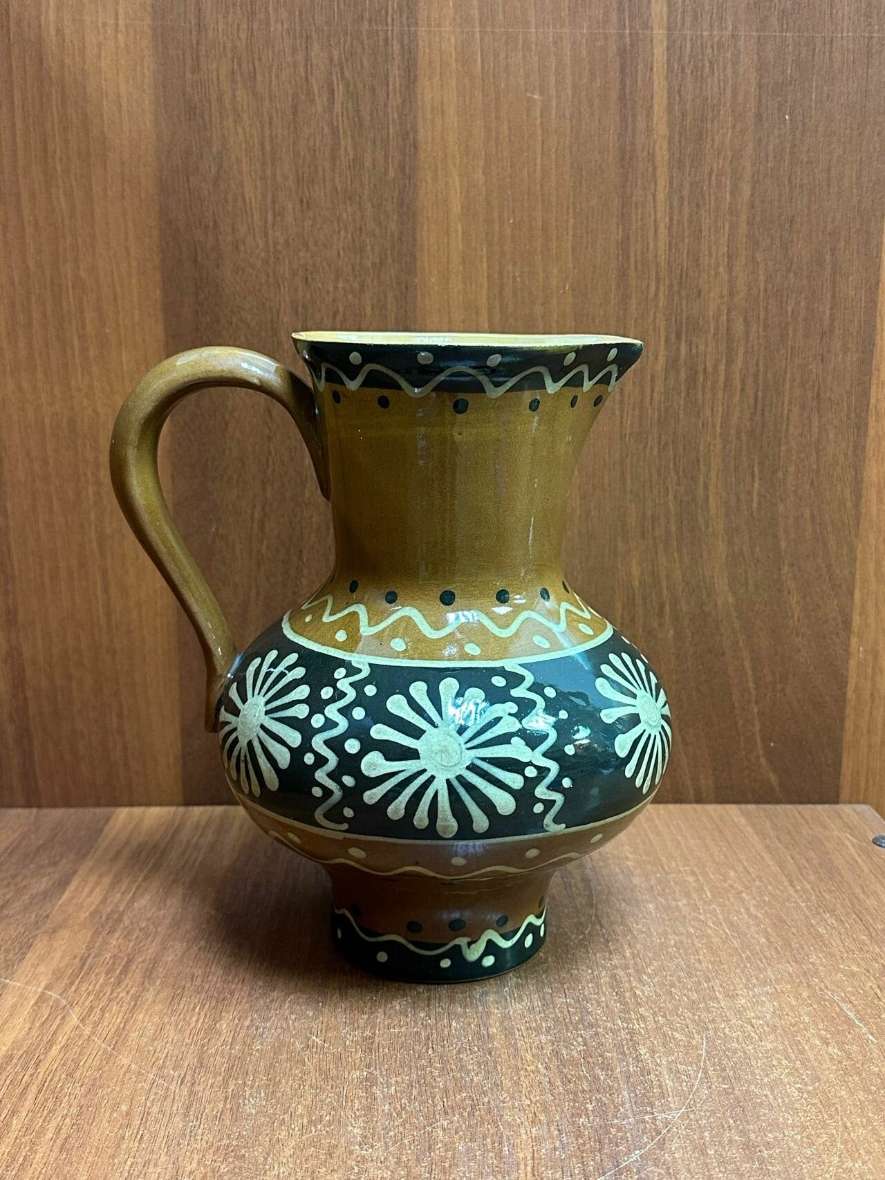 Большой Кувшин с ручкой Узоры! Обливная керамика СССР Высота 24 см Винтаж!