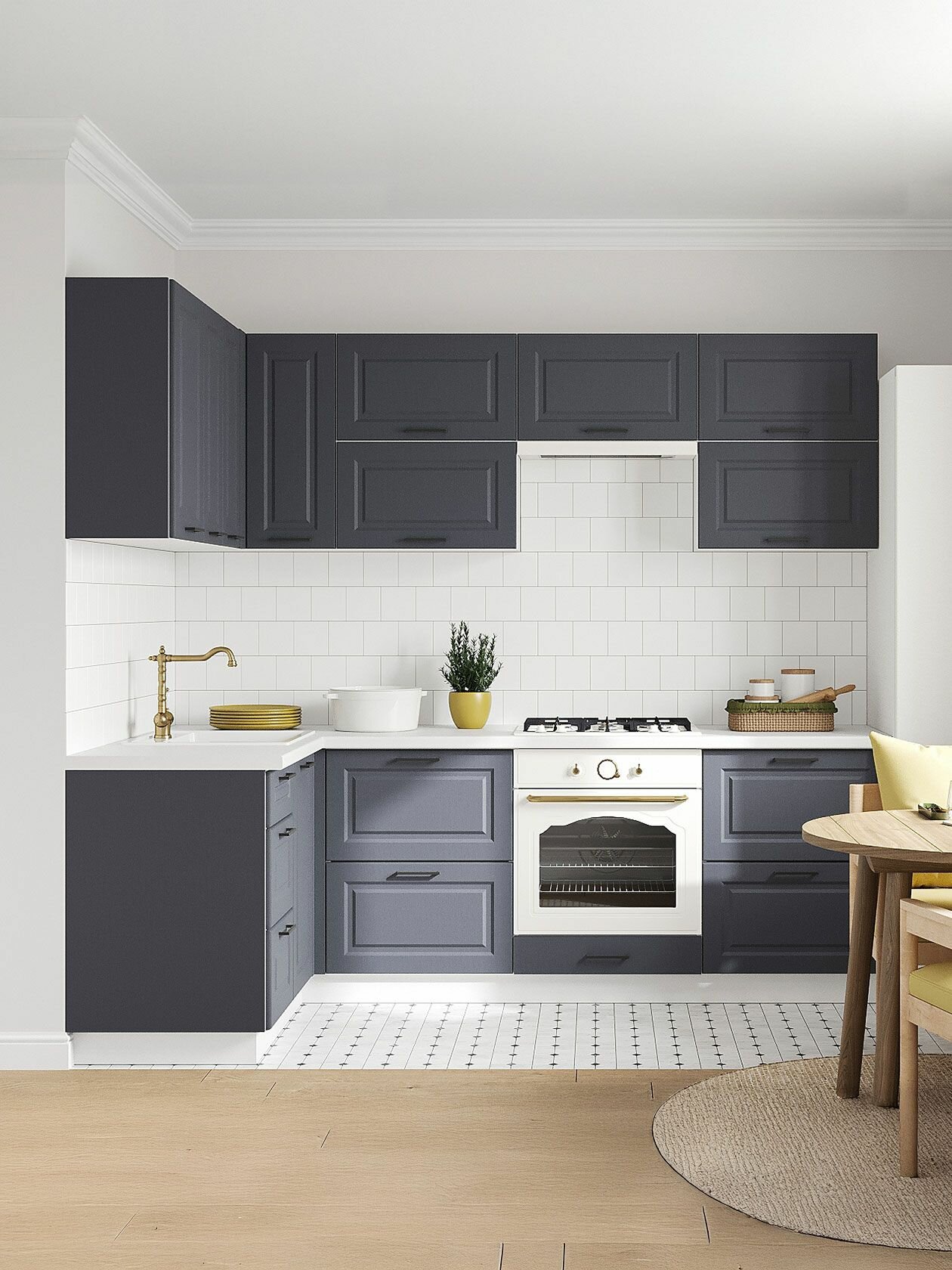 Кухонный гарнитур угловой Шервуд 2.4х1.4 м, мебель для дома и кухни, Белый / Шато индиго