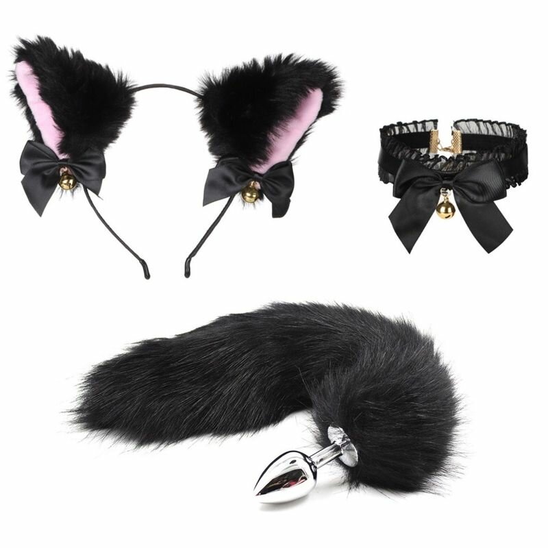 Имитация ушей животных, плюшевый головной убор, кошачьи ушки, кошачий хвост, набор для косплея-черный из трех частей