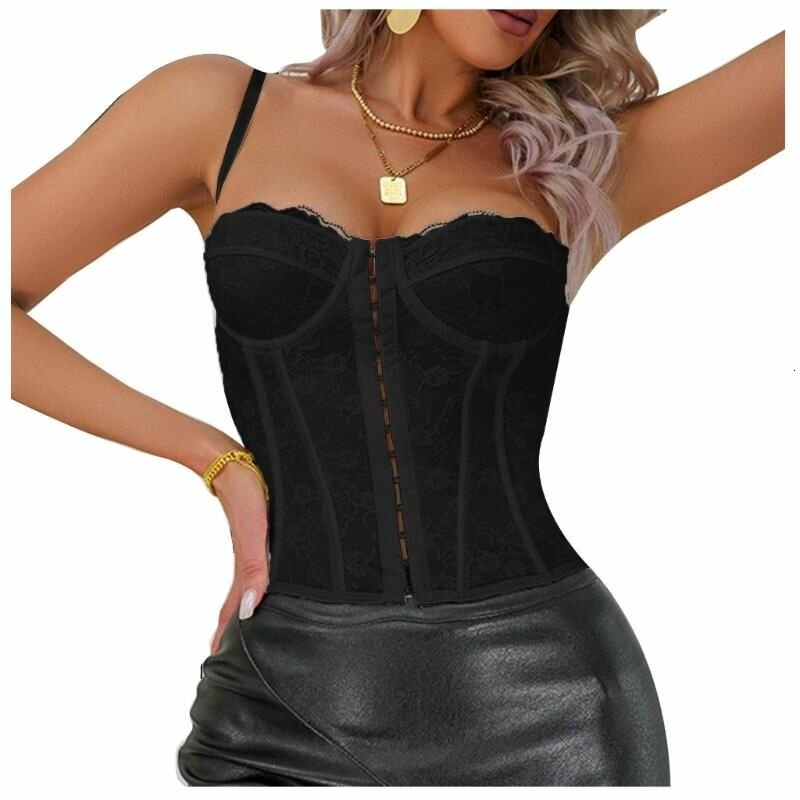 Женский кружевной корсет топ с крючками, Черный - S