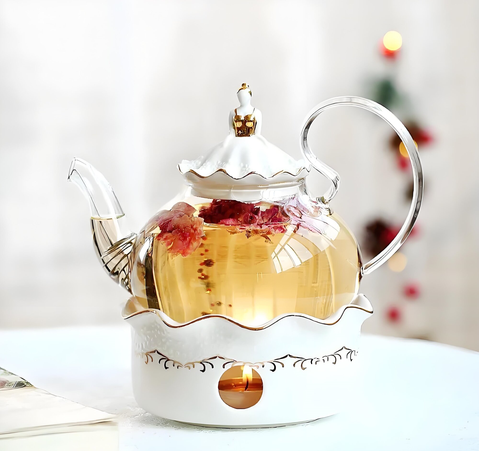 Винтажный фарфоровый британский чайник 600 мл, Белый, с подставкой для подогрева свечей