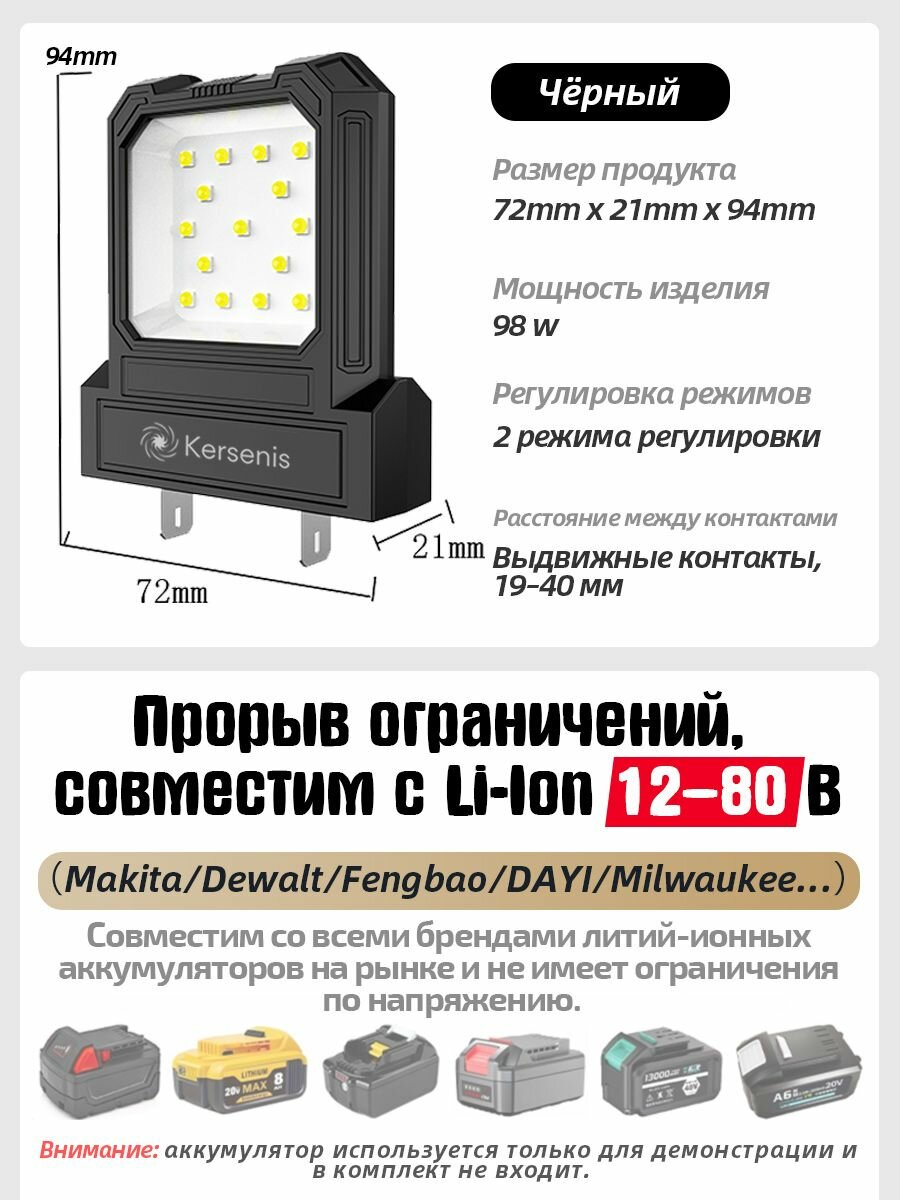 Универсальная светодиодный рабочий фонарь 12-80V. совместим с аккумуляторами типа Makita/Dewalt/Fengbao/DAYI, длительное использование на стройплощадках (без аккумулятора) рабочий фонарь светодиодный