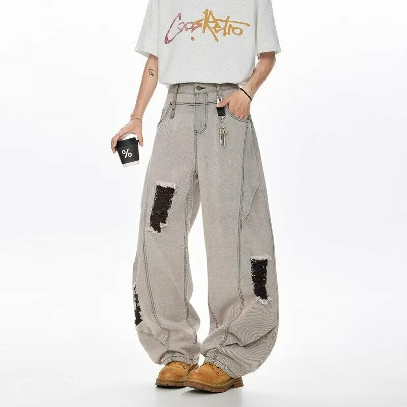 JYL Джинсы Мужские Рваные Летние Стильные Свободные Прямые Широкие Непринужденные Деним, Размер_2XL