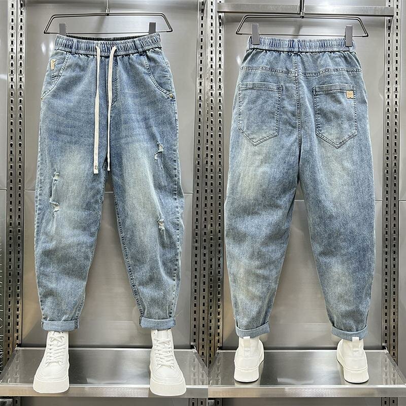 Тренд RONG CH Мужские Джинсы Кроп Лето Плюс Размер Разорванные Корейский Деним, Размер_L