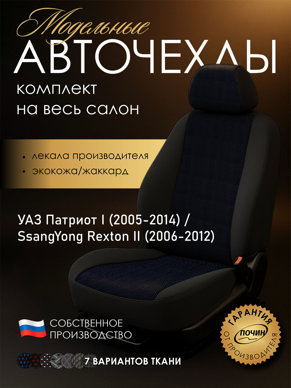 Авточехлы УАЗ Патриот I / SsangYong Rexton II "Лима" жаккард-экокожа, корабль голубой