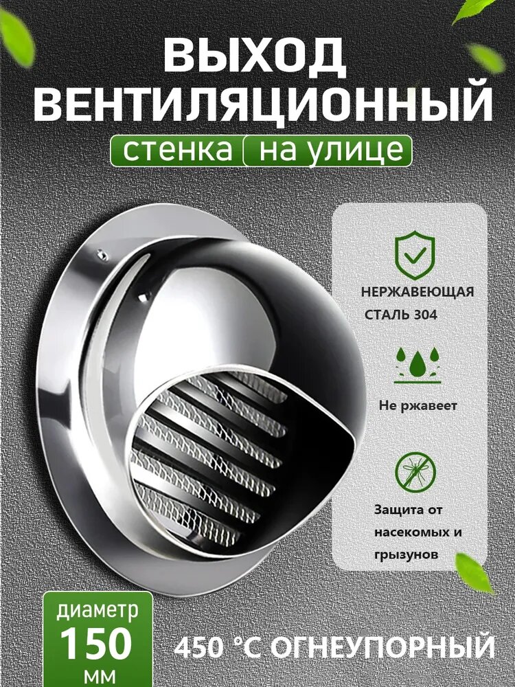 Стенной выход с решеткой и сеткой, 150 мм, из нержавеющей стали 304