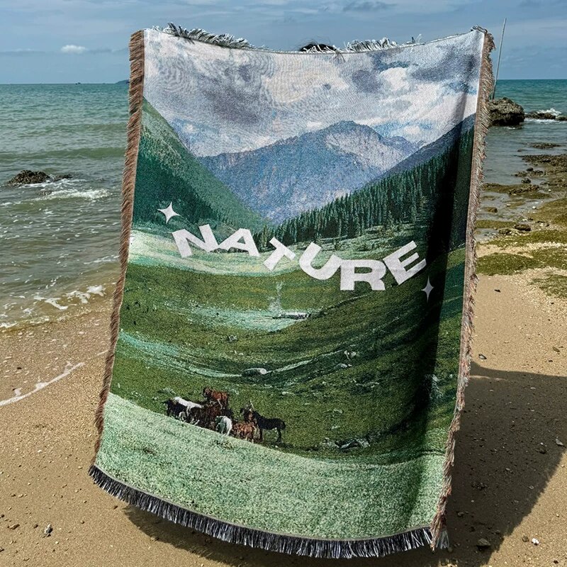 Скандинавский зеленый хлопковый тапет NATURE Grass с тасселями 80x100 см для дивана или стены