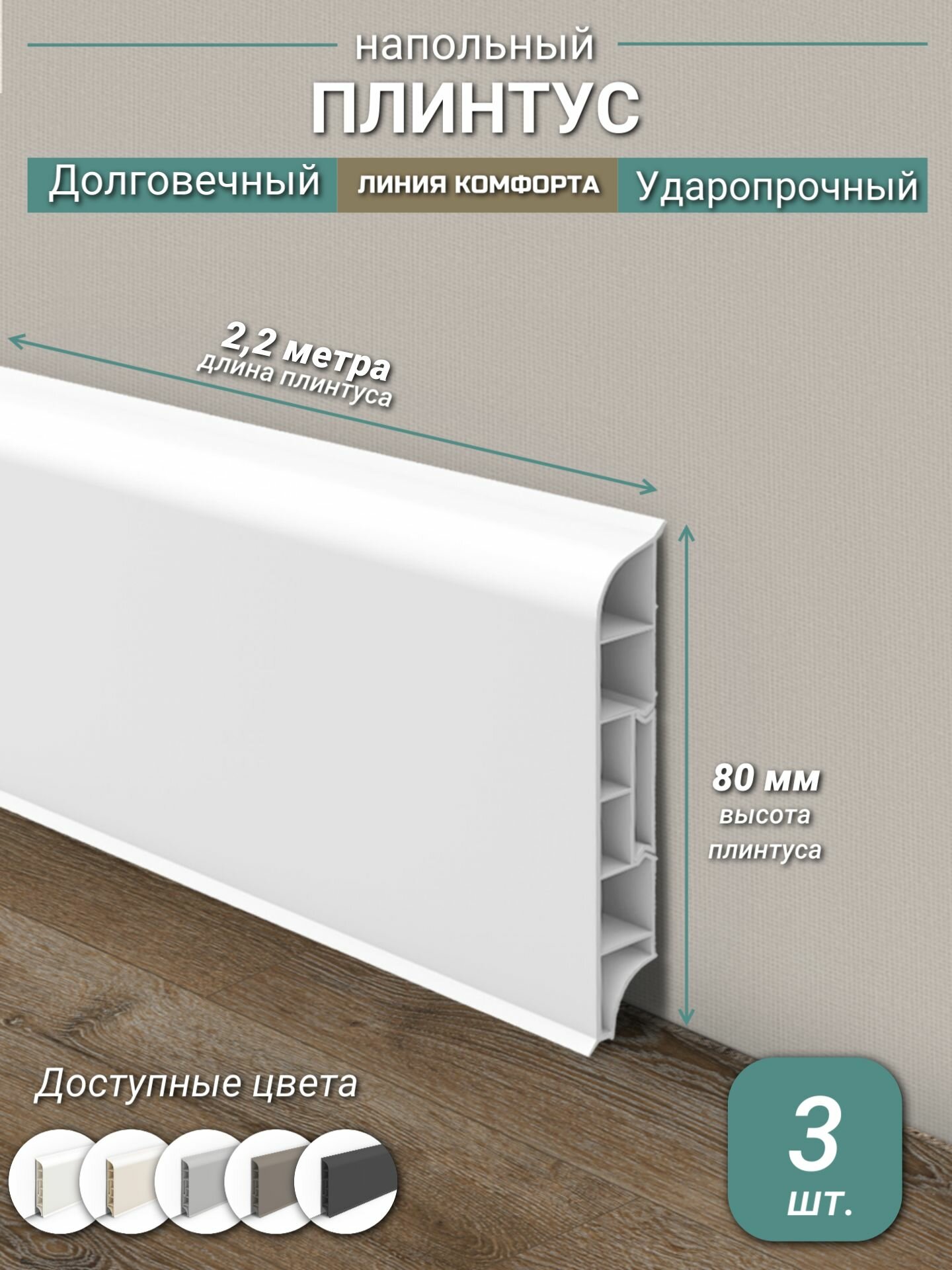 Плинтус Ideal, ПВХ, матовый, влагостойкий, ударопрочный, с кабель-каналом, 2,2 м, округлый, Белый - 3 шт.