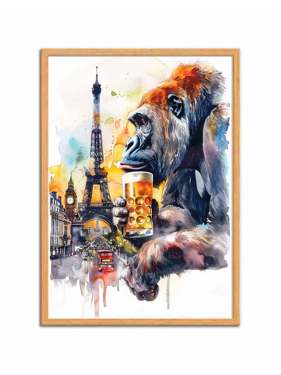 Животное-горилла Пьет пиво 3, Плакат 30x42см