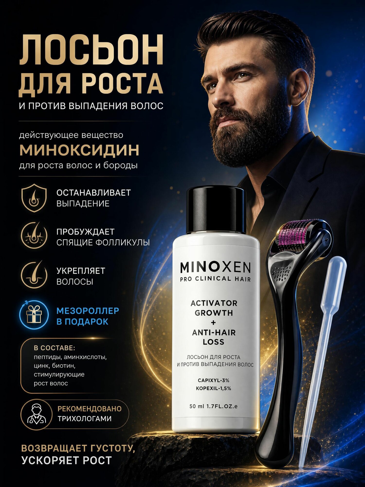 Minoxen Средство против выпадения и облысения с мезороллером 50 мл, лосьон для роста волос и бороды 12%, активатор роста усов для мужчин