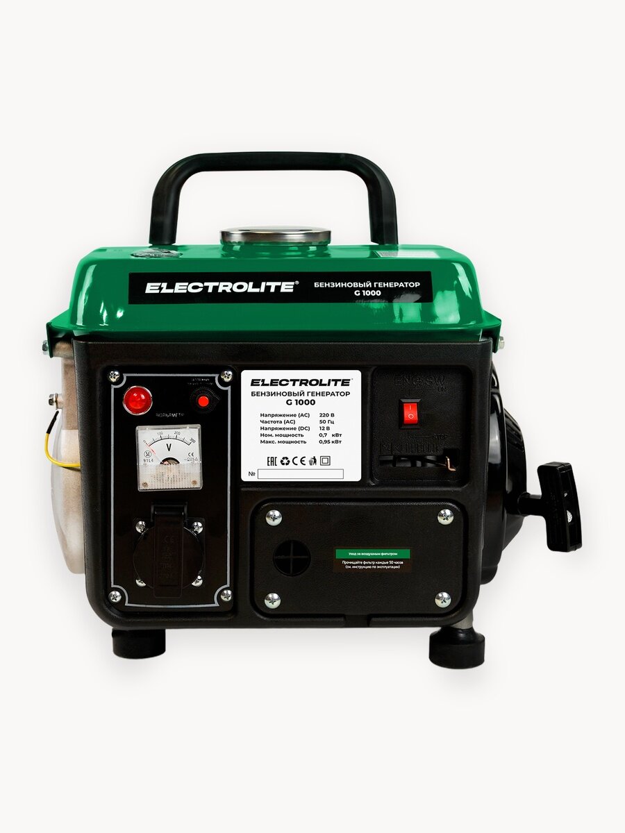 Бензиновый генератор Electrolite G1000, 1.18 кВа максимальная нагрузка 2.5 л. с, ручной стартер, бак 4.2л