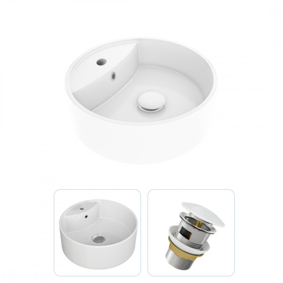 Раковина накладная для ванной Teymi Lina S D40 в комплекте донный клапан клик-клак с переливом белый F01548