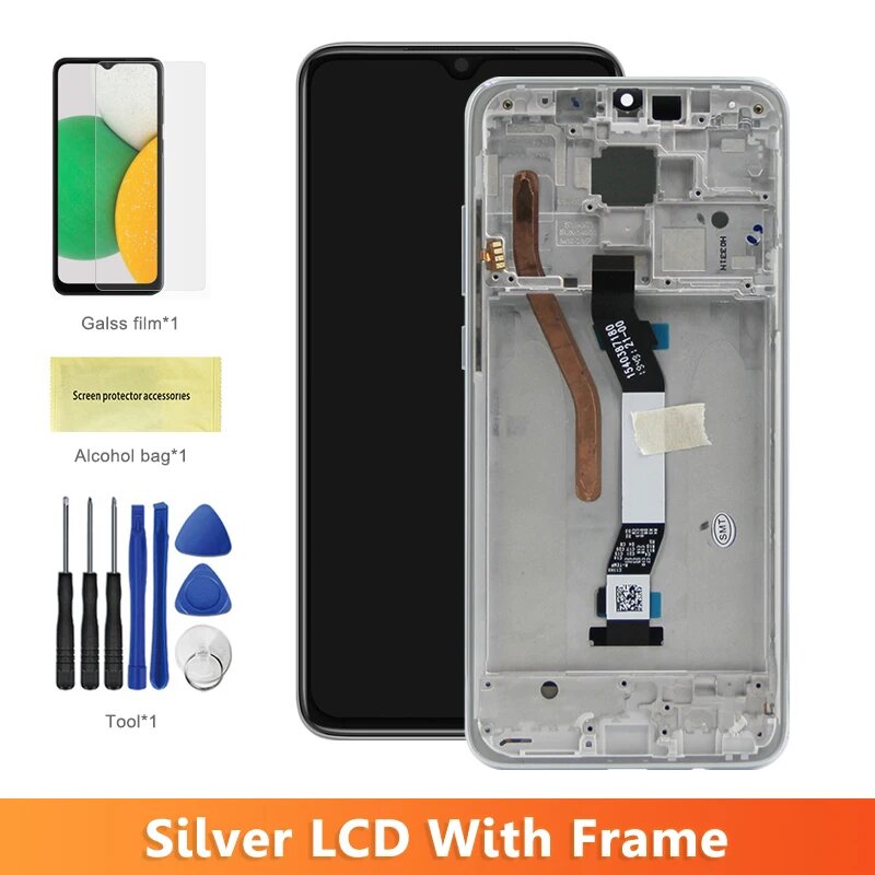 6,53-дюймовый новый дисплей для Xiaomi Redmi Note 8 Pro, сменный ЖК-экран + дигитайзер сенсорного экрана в сборе With Silver Frame