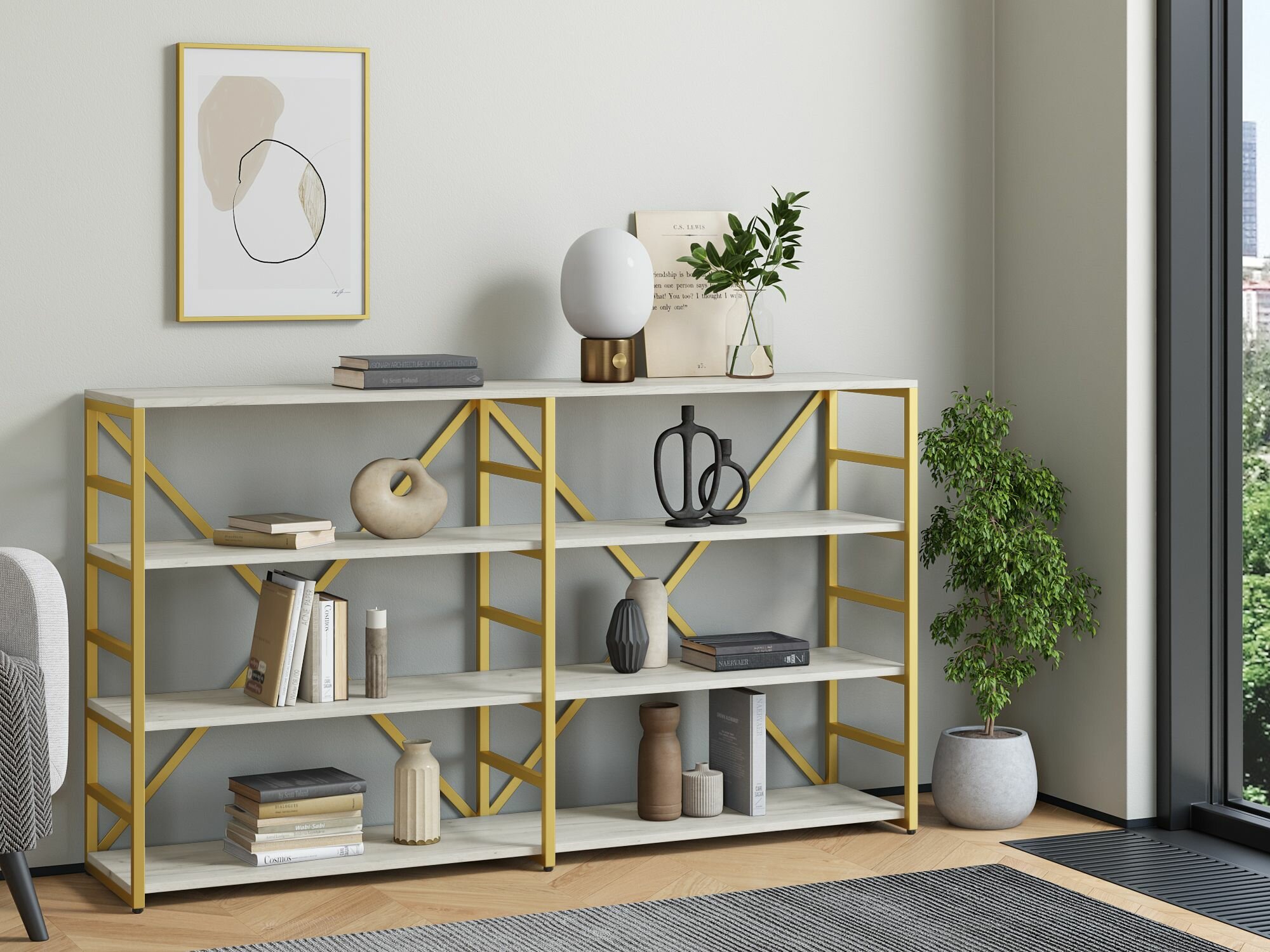 Стеллаж Айсберг Лофт 160/4-2 Золотой/дуб крафт белый с полками