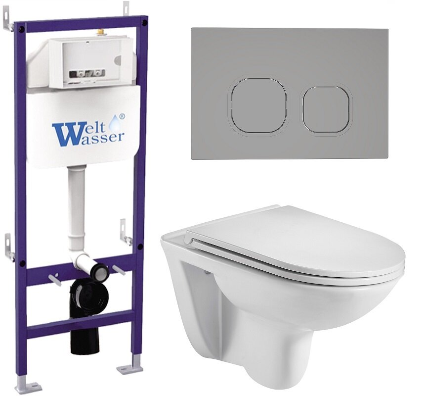 Унитаз подвесной WeltWasser BAMBERG 460+BAARBACH 004 GL-WT+BAMBERG CR белый глянцевый, безободковый, с крышкой микролифт, с инсталляцией и кнопкой хром
