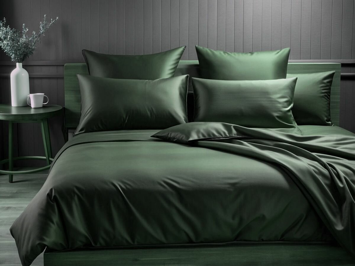 Постельное бельё тенсель 2 спальное на резинке 160х200х30 - М - 60S 129 Темно-зеленый с наволочками 50х70