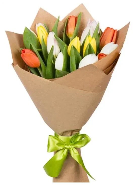 Букет из 11 тюльпанов в крафте под атласную ленту "Цветочный Руслан и Людмила"